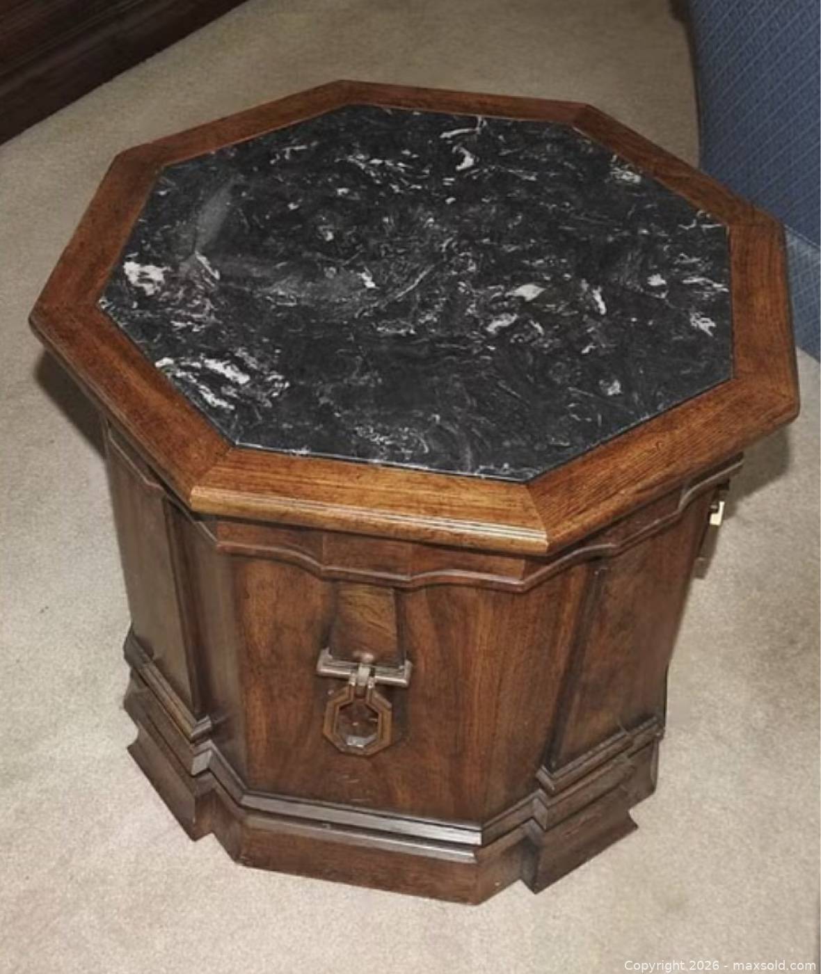 Wood end table with black marble top | Maxsold