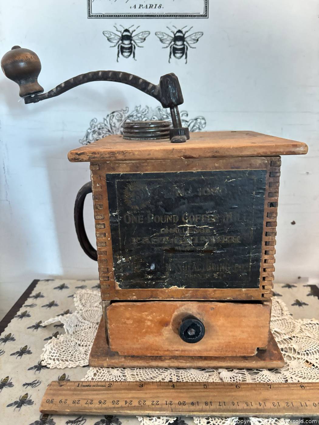 Antique wooden coffee grinder with cast iron crank | Maxsold