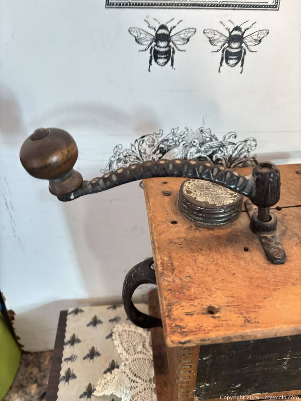 Antique wooden coffee grinder with cast iron crank | Maxsold