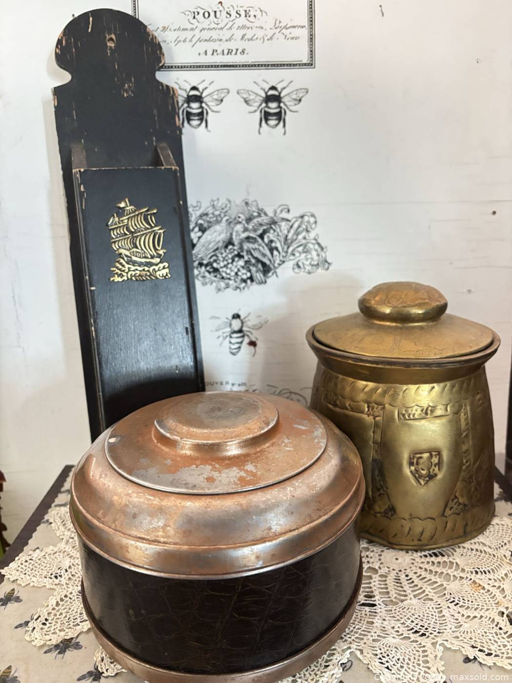 Decorative metal canisters and match holder | Maxsold