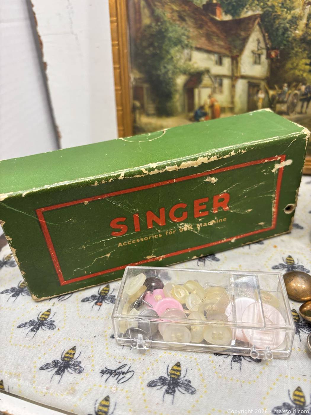 Singer sewing accessory boxes, buttons, framed print | Maxsold