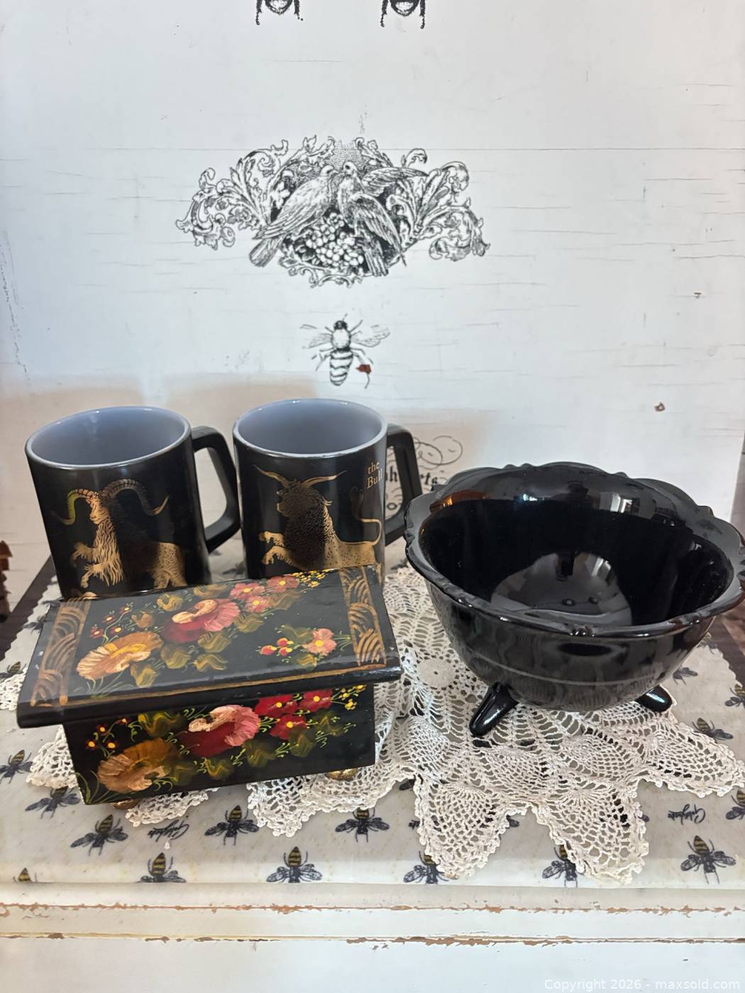 Vintage zodiac mugs, floral wood box, black glass bowl, 4-piece | Maxsold