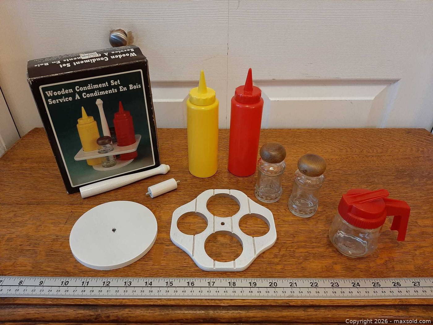 Vintage wooden condiment set with squeeze bottles, shakers, syrup ...