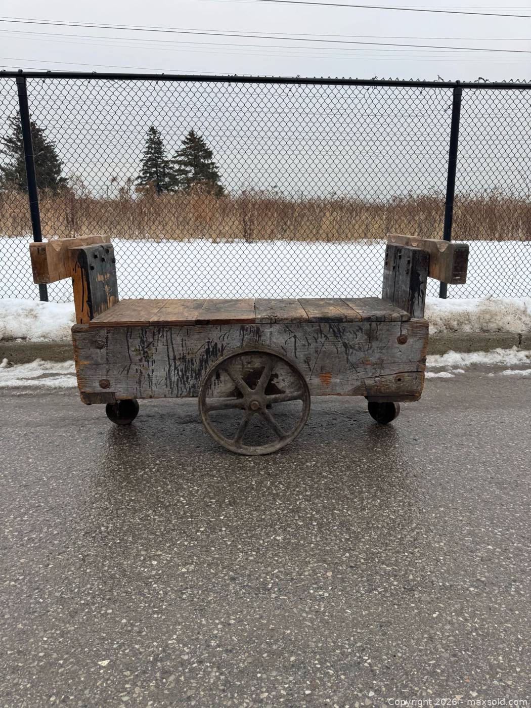 Antique wooden trolley cart with wheels | Maxsold