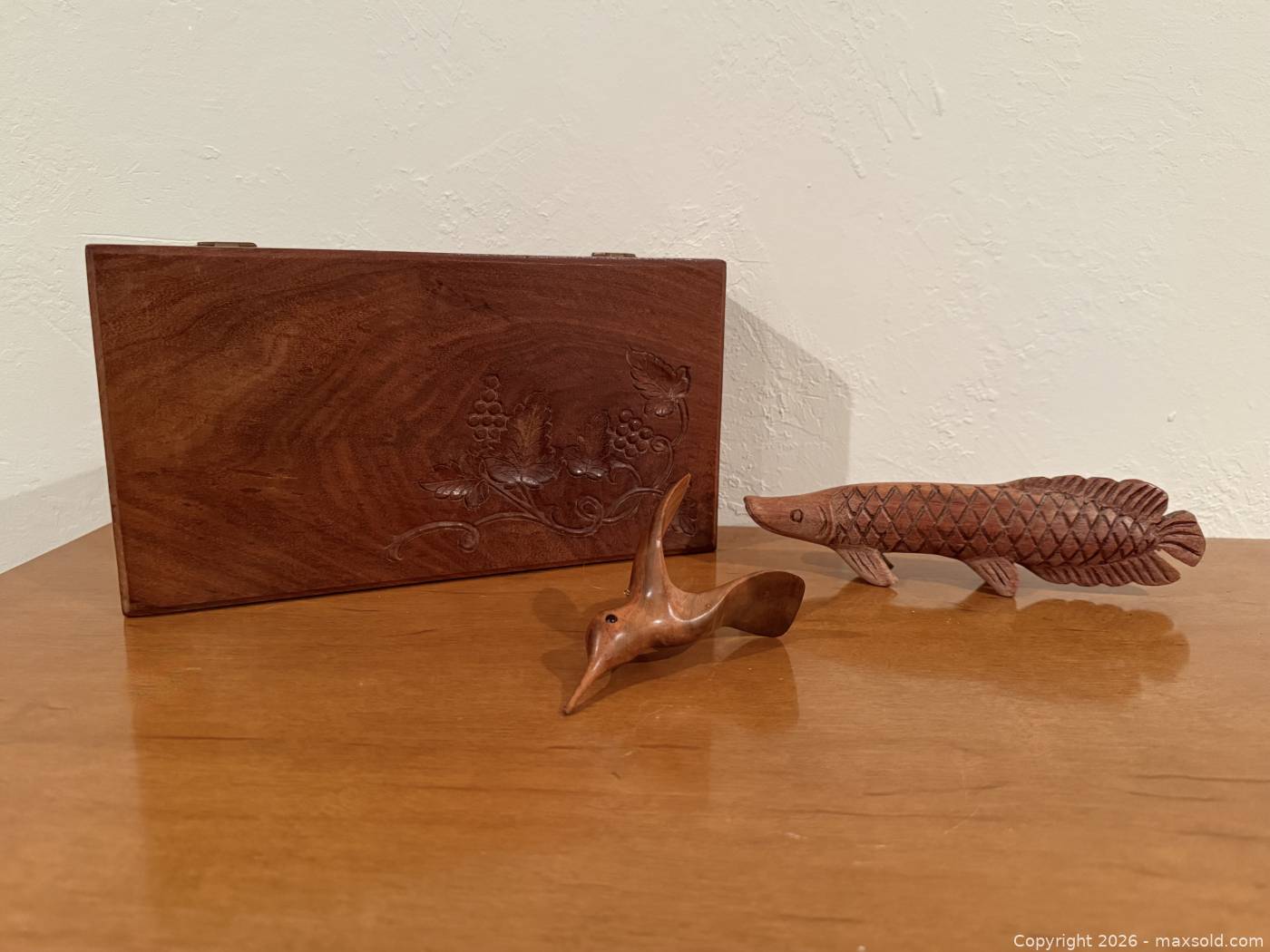 Carved Wooden Box, Fish & Hummingbird | Maxsold