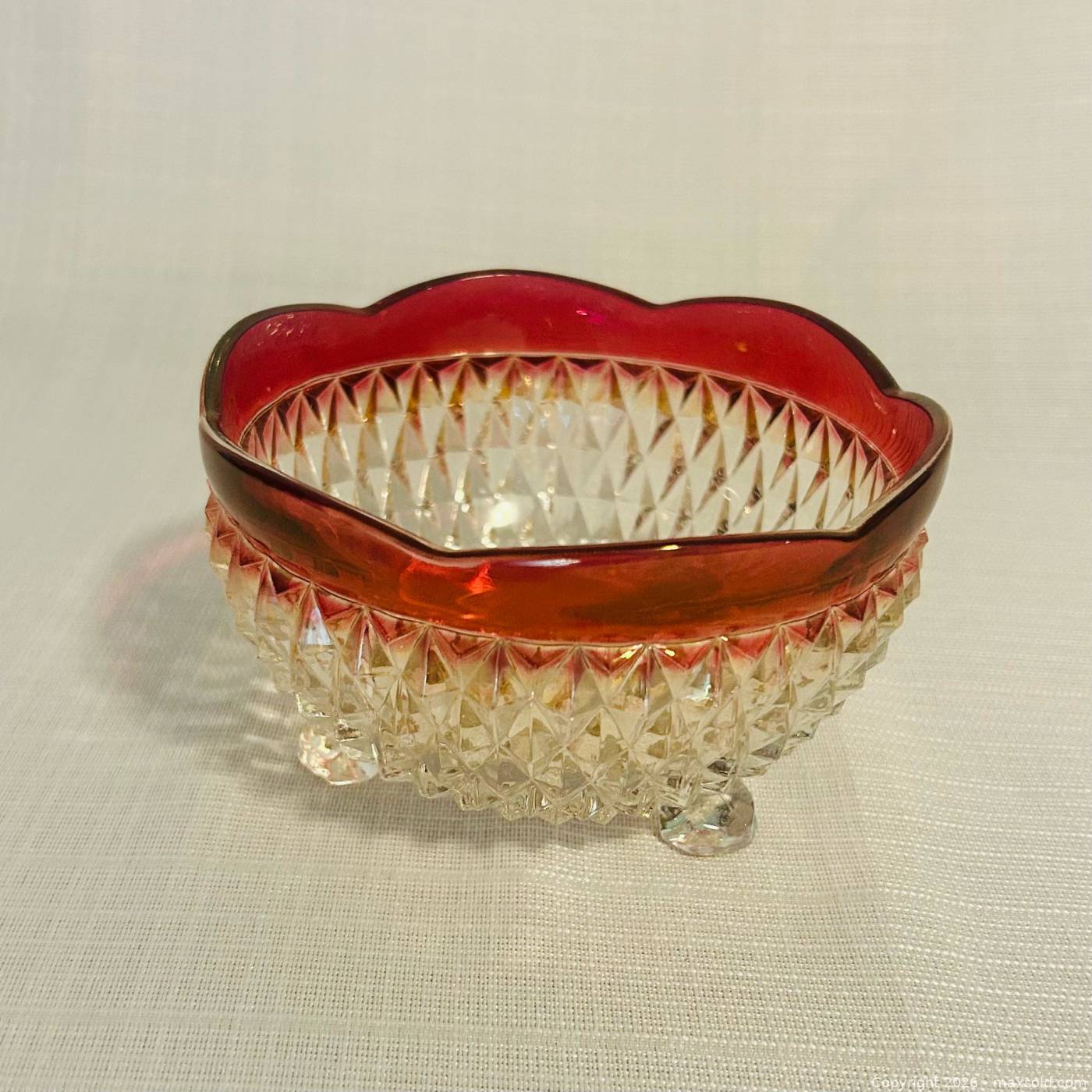 Indiana Glass Diamond Point ruby flash footed bowl | Maxsold