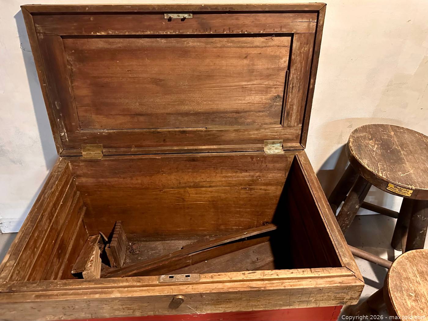 Wooden Carpenter's Trunk and 3 Rustic Stools | Maxsold