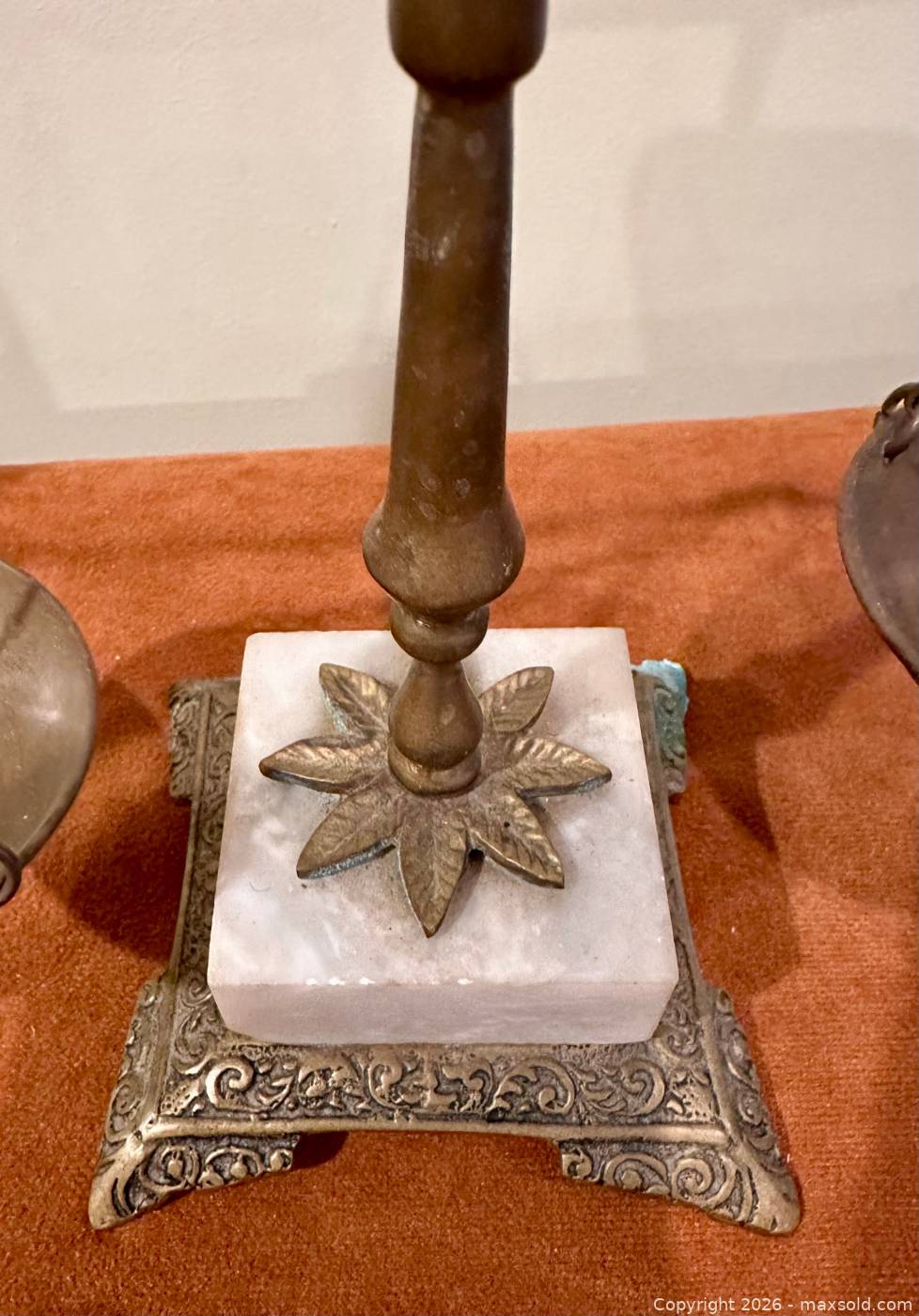 Decorative balance scale with two gold-finish trinket boxes and art ...
