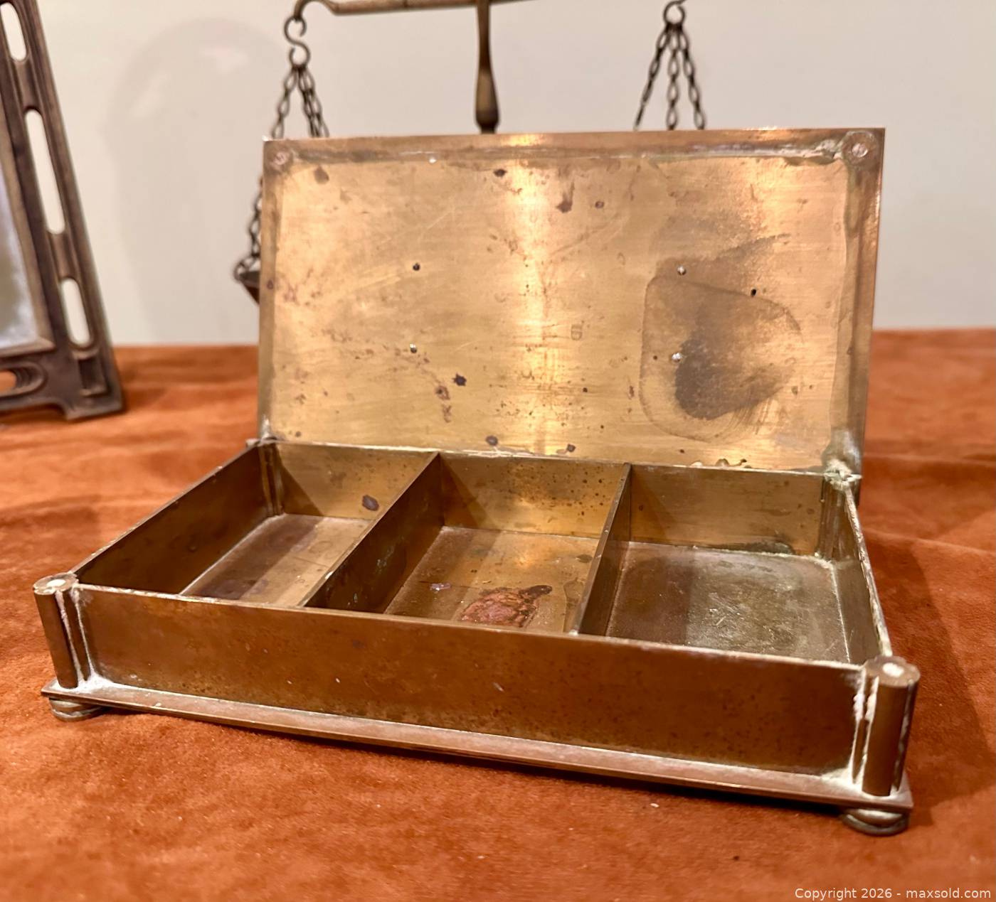 Decorative balance scale with two gold-finish trinket boxes and art ...