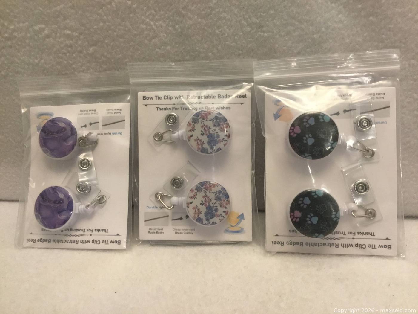 Retractable badge reel bow-tie clips, 5 sealed 2-packs | Maxsold