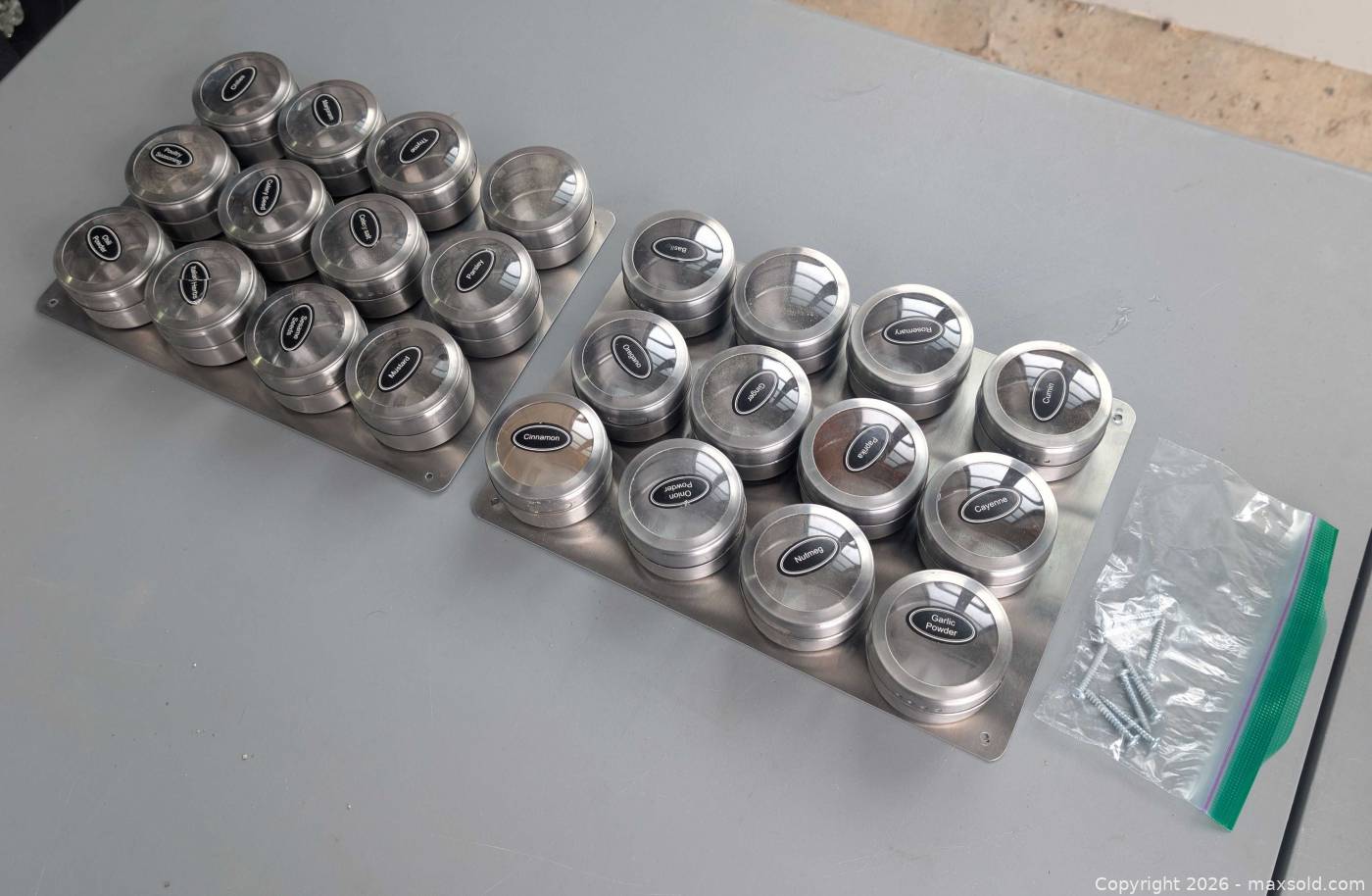 Magnetic wall spice jar set, 24 tins, 2 plates | Maxsold