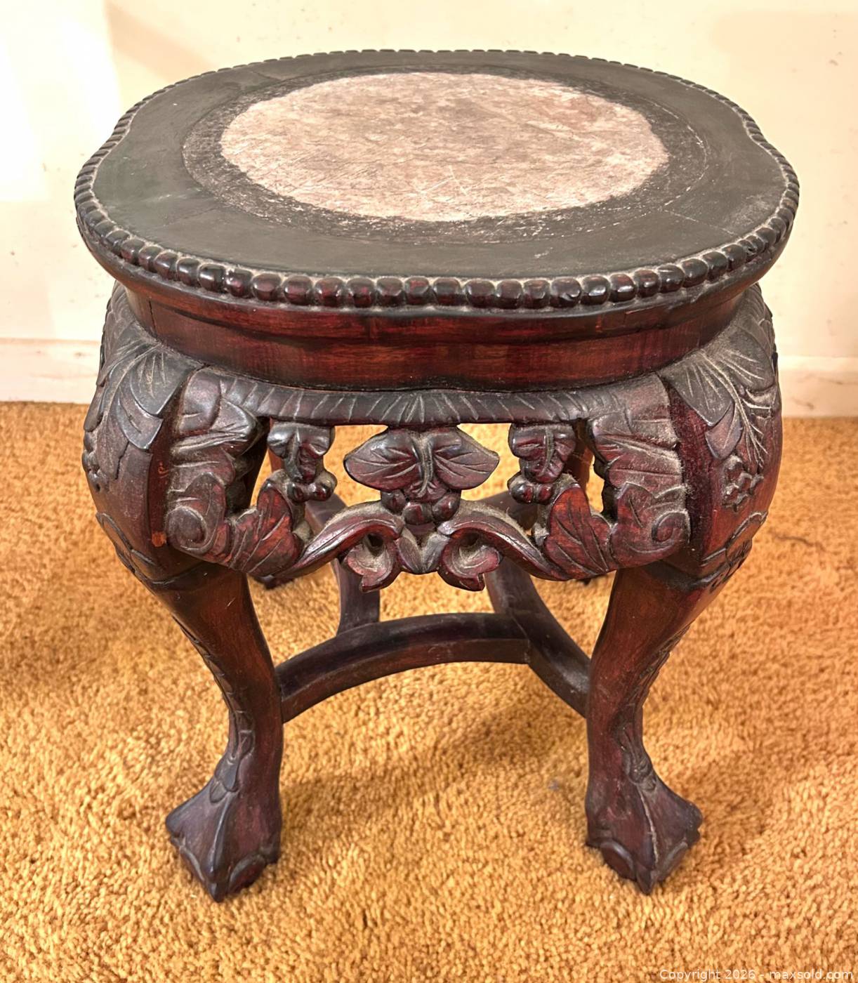 Carved Wooden Plant Stand With Marble Inset Top | Maxsold