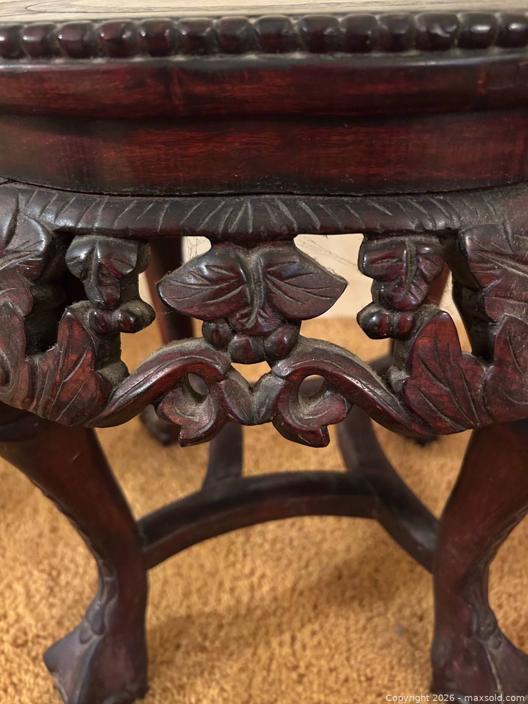 Carved Wooden Plant Stand With Marble Inset Top | Maxsold