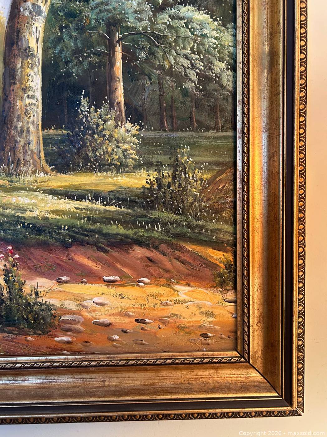 Framed landscape painting of forest path | Maxsold