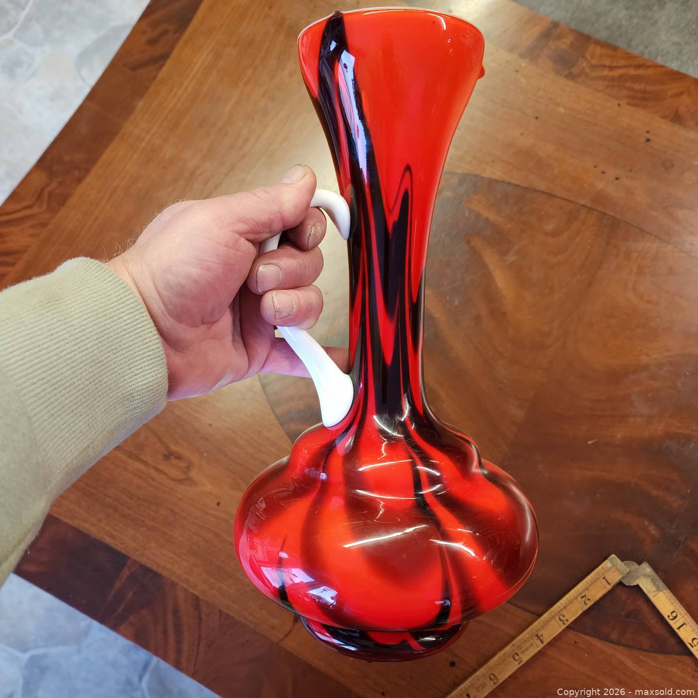 Red Black Swirl Art Glass Ewer Vase with White Handle | Maxsold