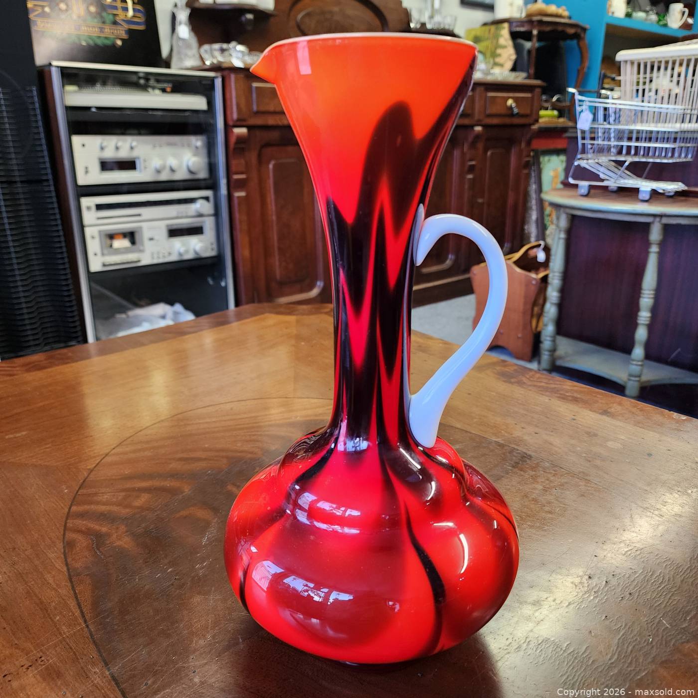 Red Black Swirl Art Glass Ewer Vase with White Handle | Maxsold