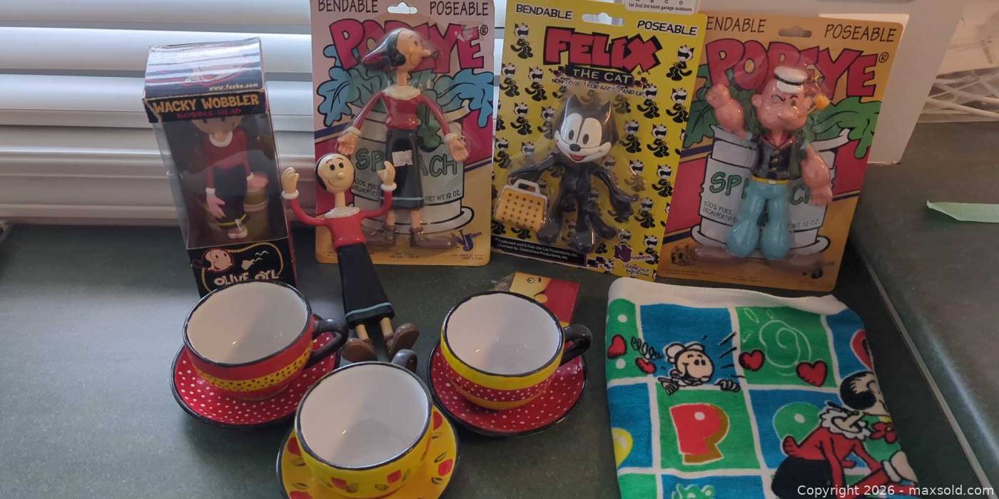 Popeye, Olive Oyl & Felix Bendable Figures, Bobblehead, Cups & Towel ...