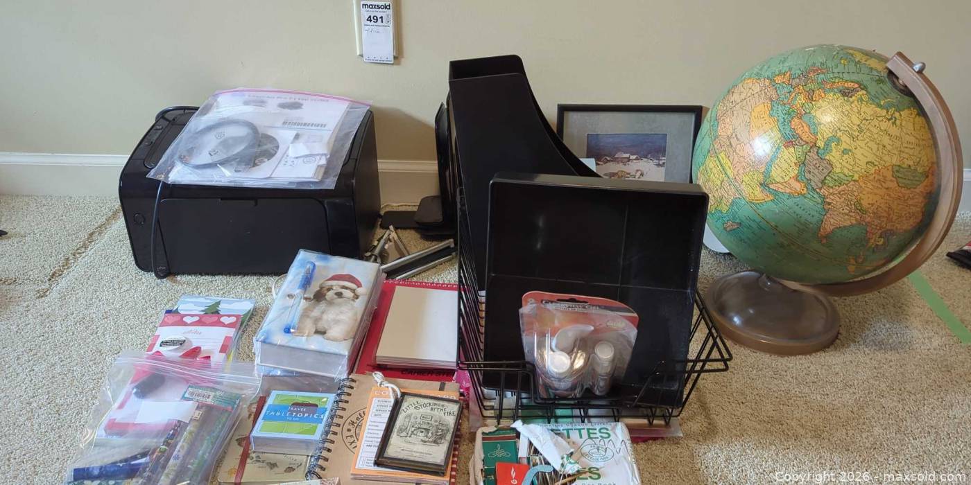 HP LaserJet P1102W printer, globe, organizers & stationery | Maxsold