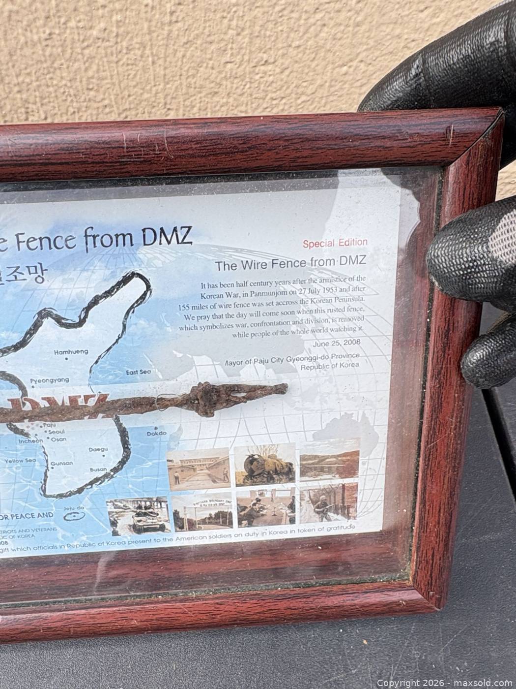 Framed Korean DMZ wire commemorative plaque | Maxsold