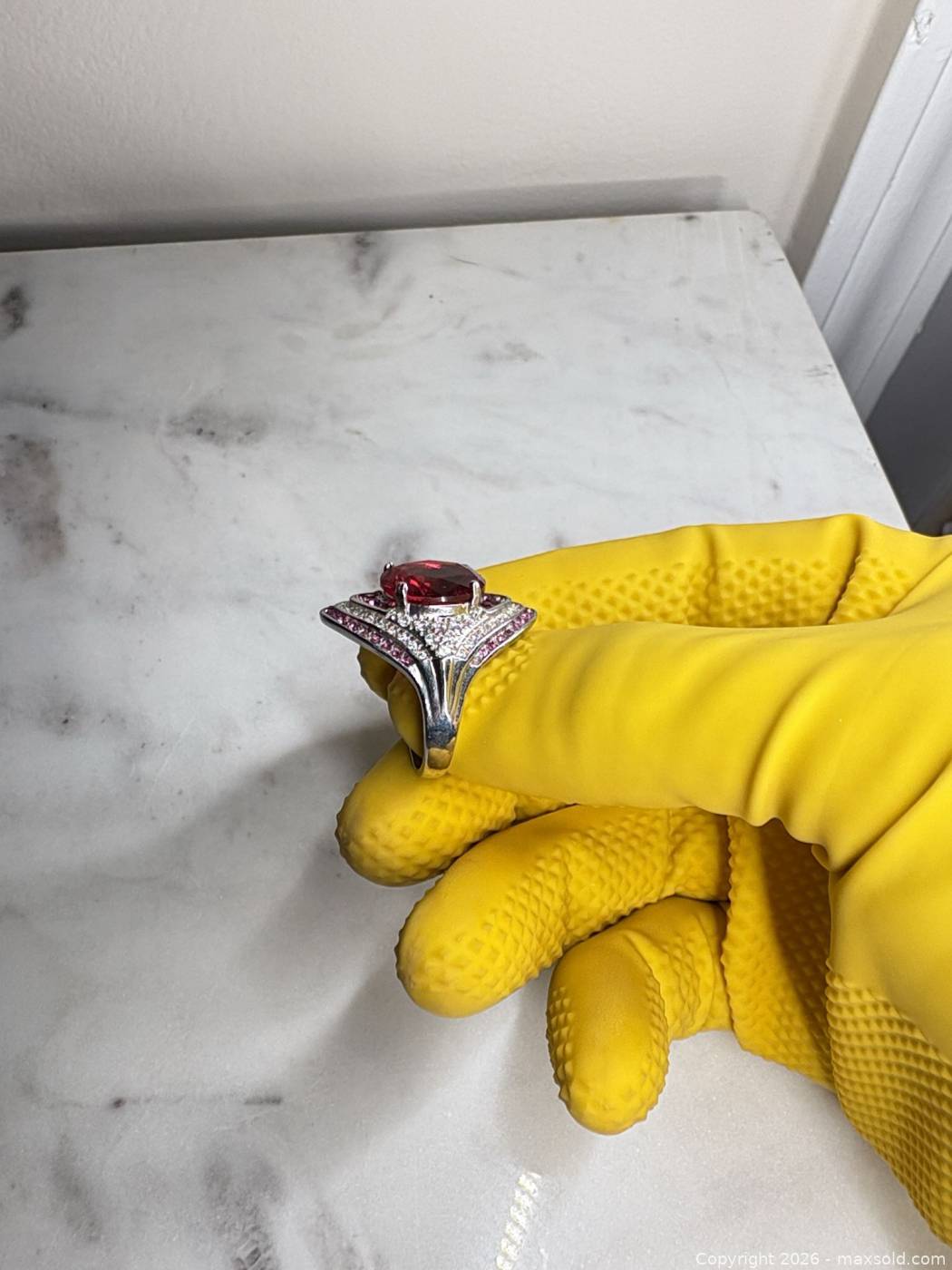 S925 statement cocktail ring with red cushion centre stone | Maxsold