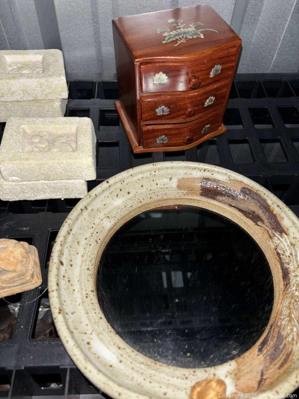 Wooden Jewelry Chest, Ceramic Mirror, Carved Tiles, Metal Applique ...