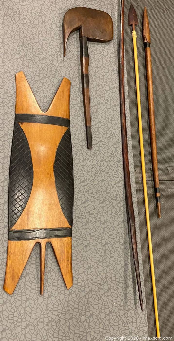 Carved Wooden Tribal Shield, Club And Two Spears | Maxsold