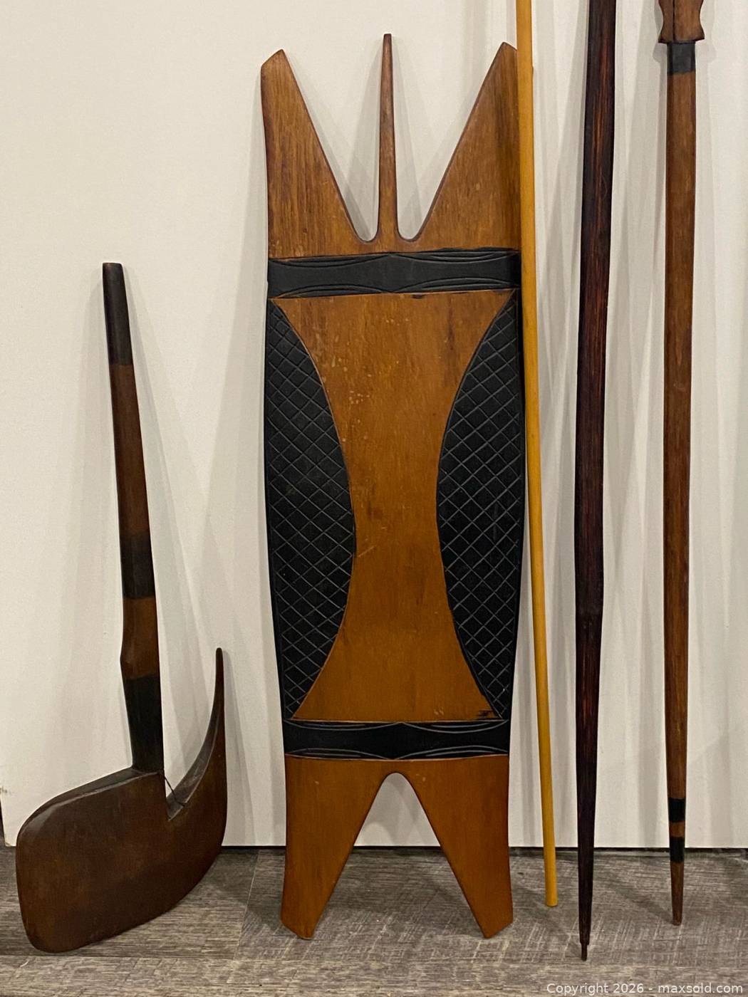 Carved Wooden Tribal Shield, Club And Two Spears | Maxsold