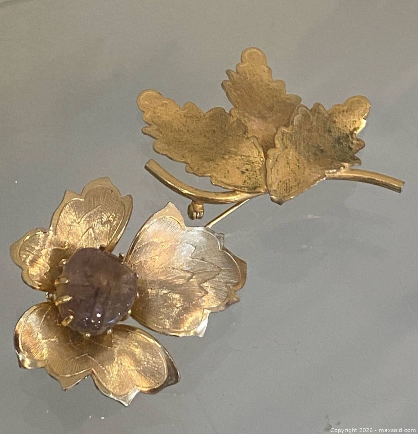Vintage Coro leaf brooch and Arrowhead 12k GF flower brooch with purple ...
