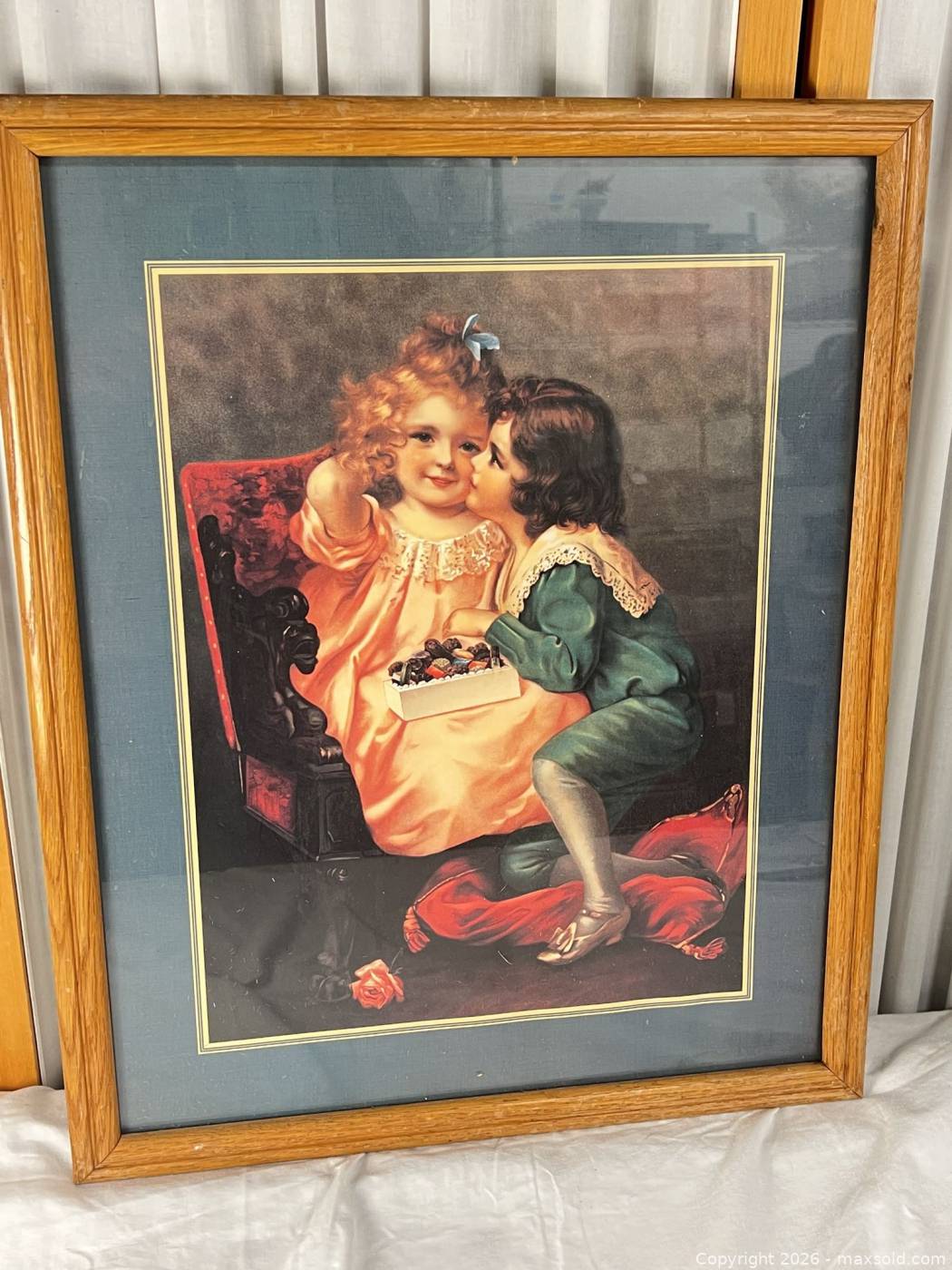 Framed matted vintage-style children kissing print | Maxsold