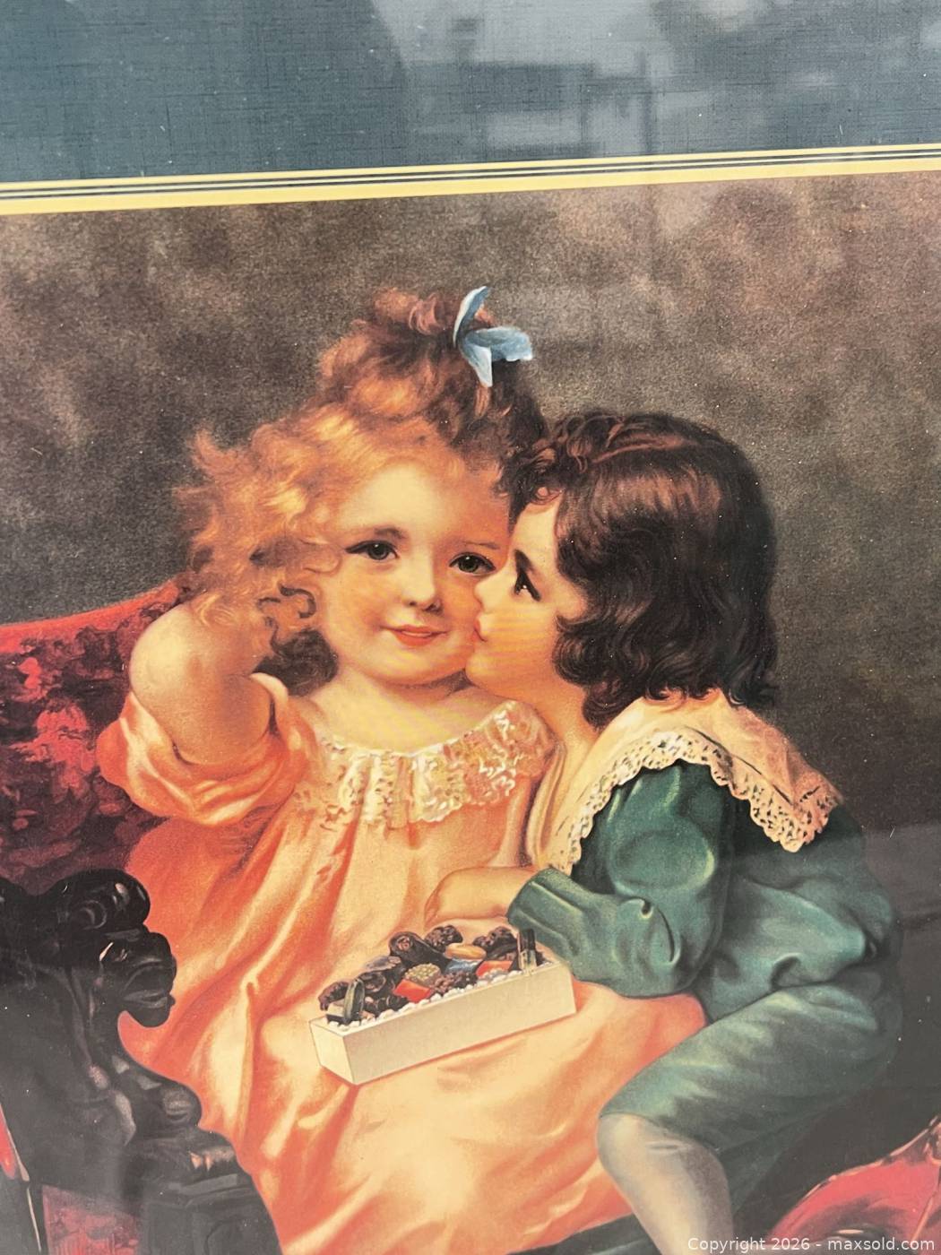 Framed matted vintage-style children kissing print | Maxsold