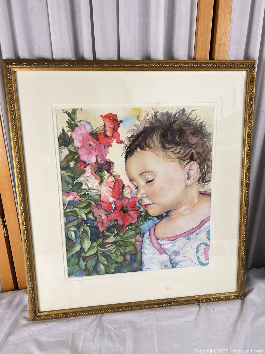 Signed 2000 Watercolor Child Portrait With Flowers | Maxsold