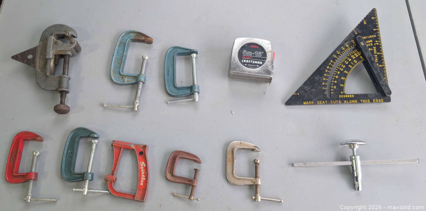 11 hand tools: C-clamps, sheet-metal clamp, tape, square, expander ...
