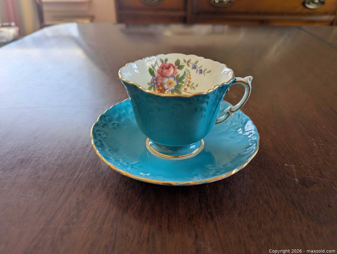 Aynsley teal bone china teacup & saucer | Maxsold