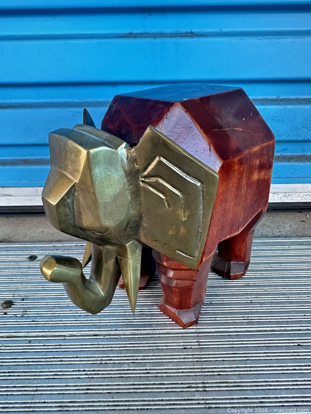 Elephant figurine brass head wood body 9" | Maxsold