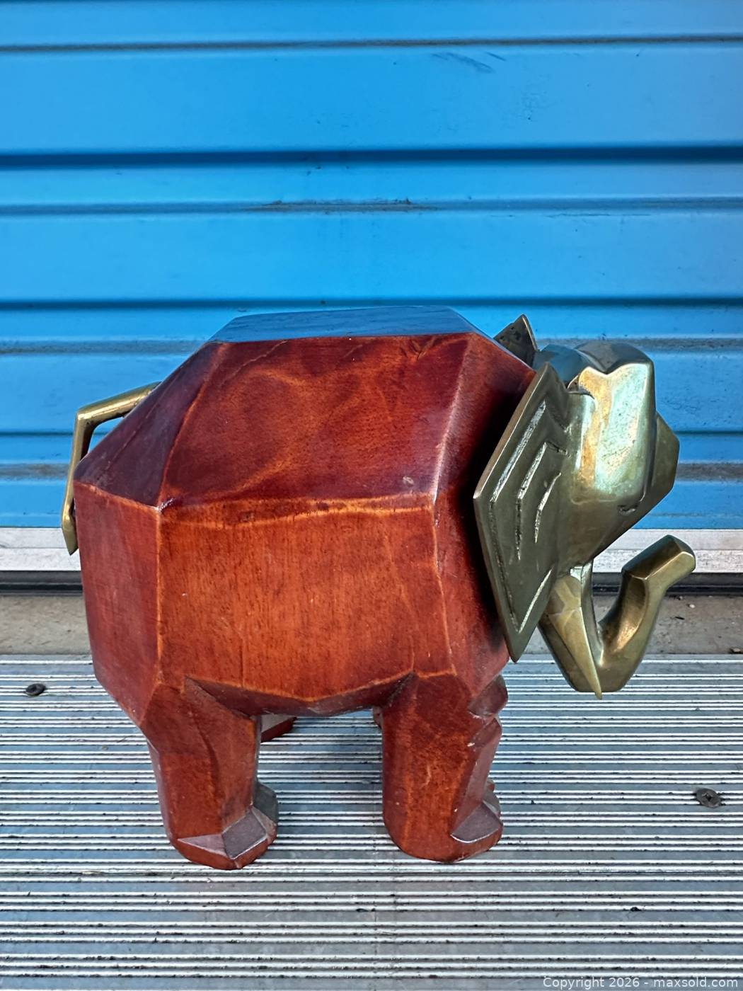 Elephant figurine brass head wood body 9" | Maxsold