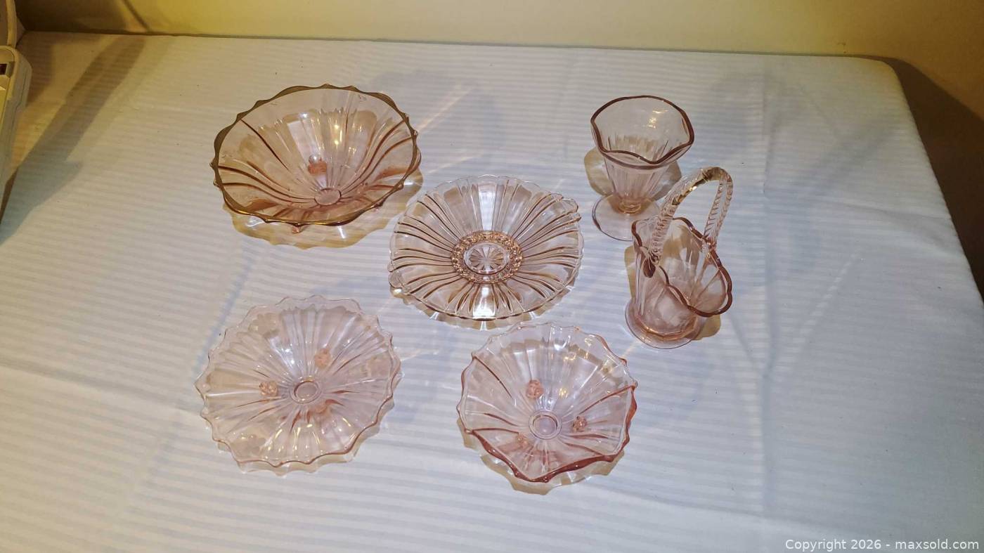 Vintage pink pressed glass serving set | Maxsold