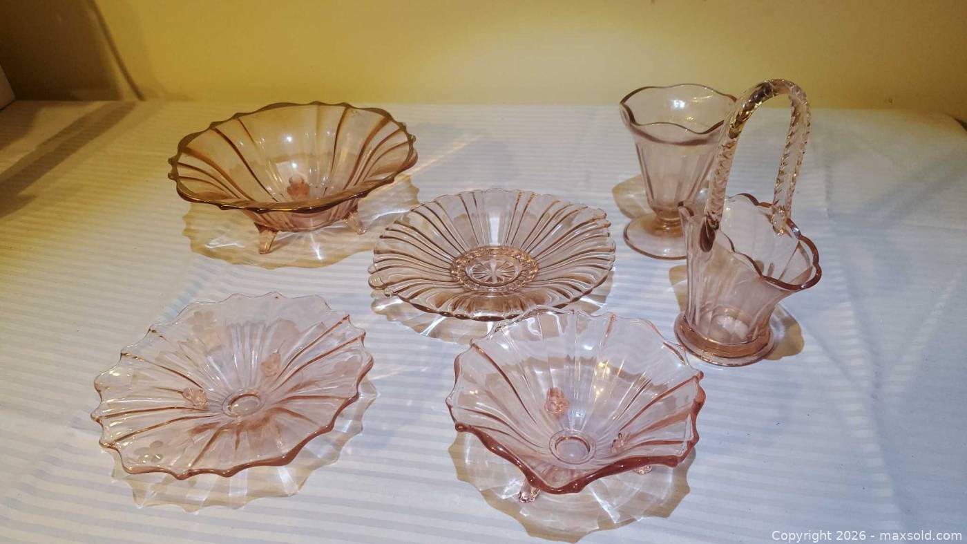 Vintage pink pressed glass serving set | Maxsold