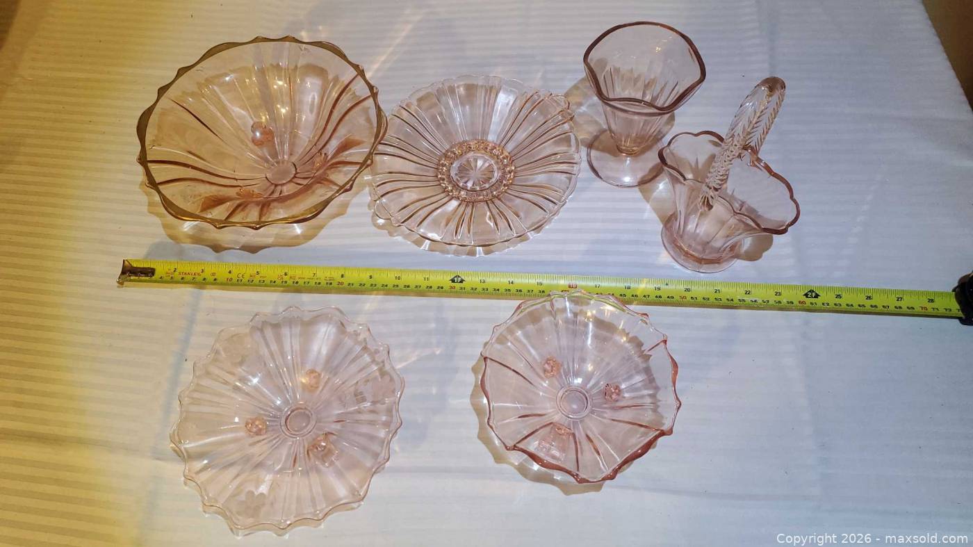 Vintage pink pressed glass serving set | Maxsold