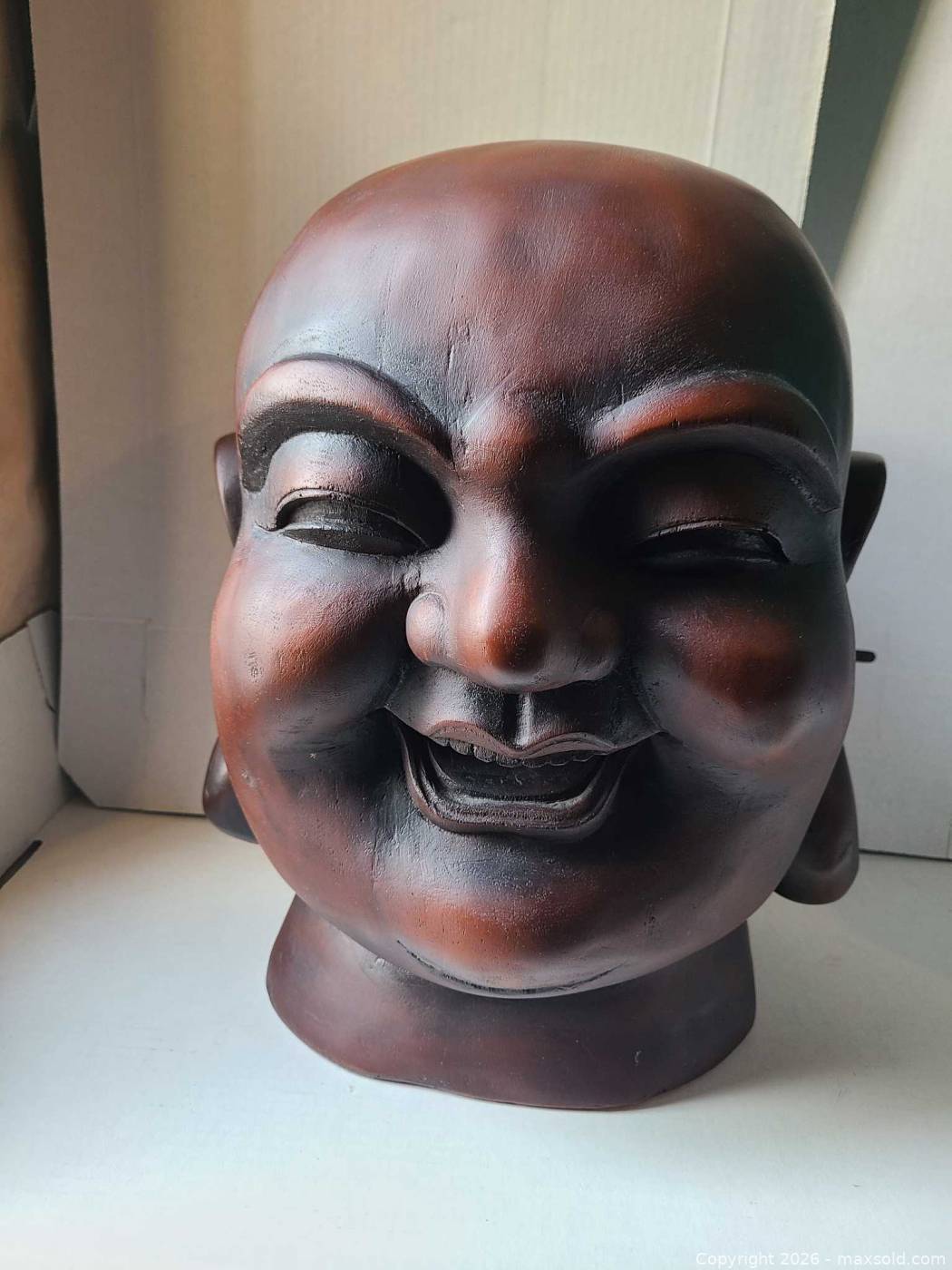 Solid wood Chinese Laughing Buddha head sculpture 15" | Maxsold