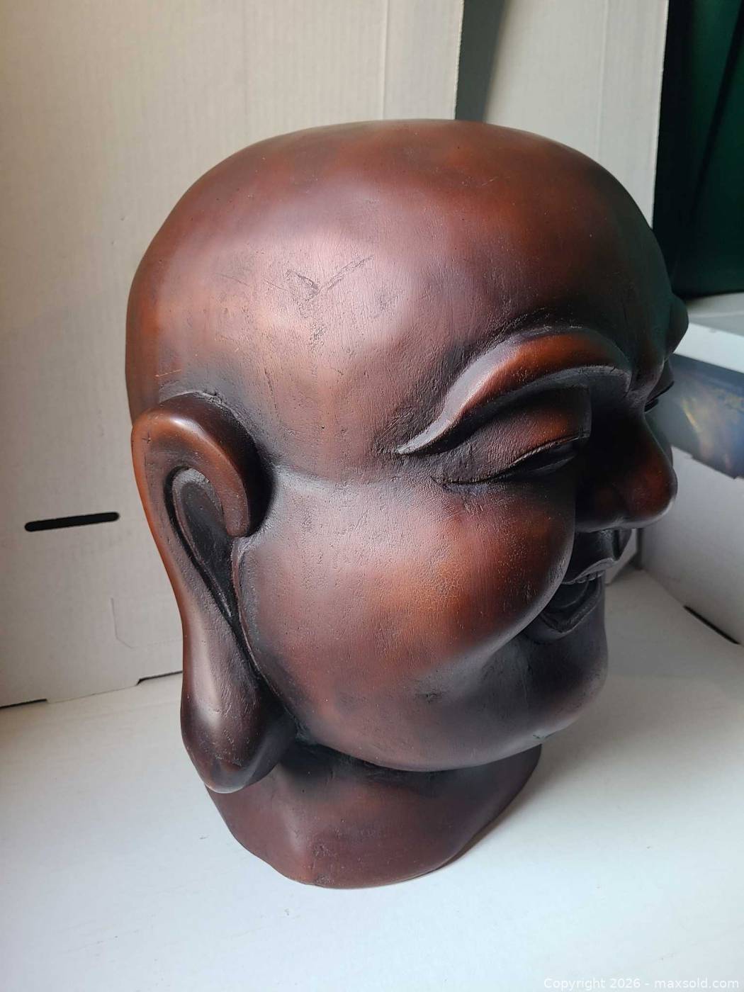 Solid wood Chinese Laughing Buddha head sculpture 15" | Maxsold