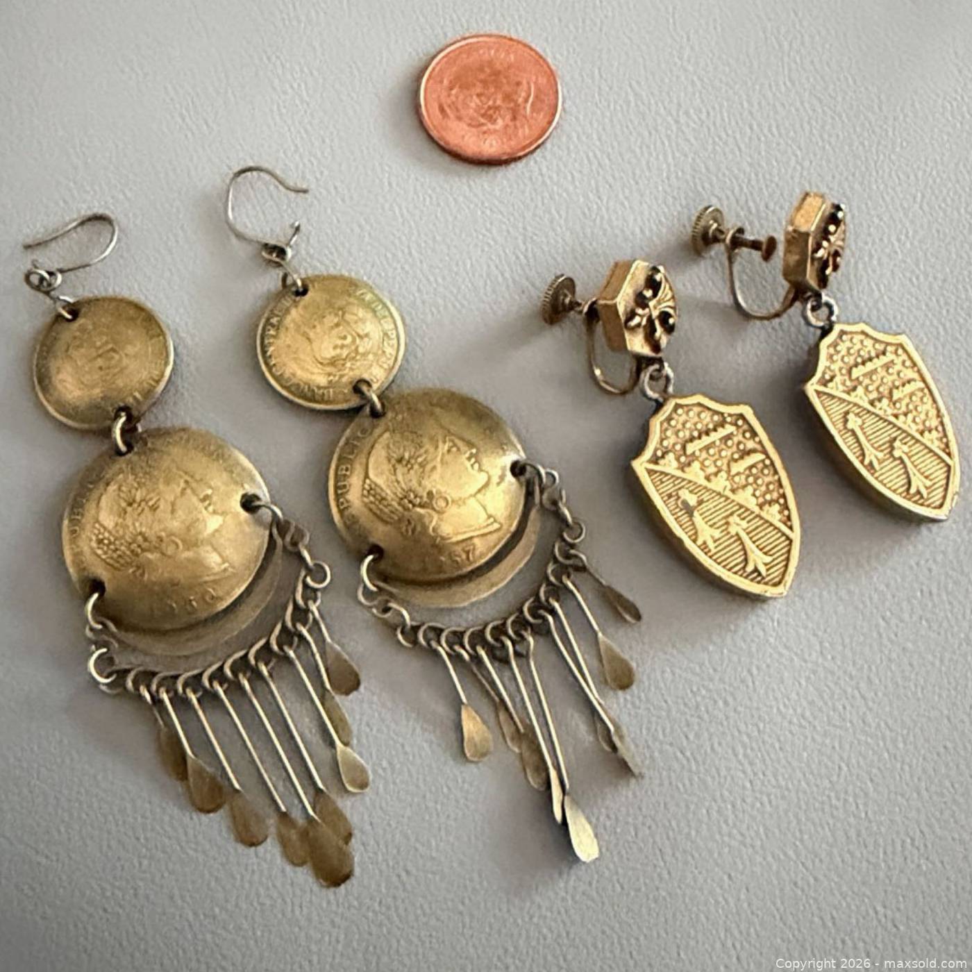 Vintage Peruvian coin dangle earrings & shield screw-back earrings ...