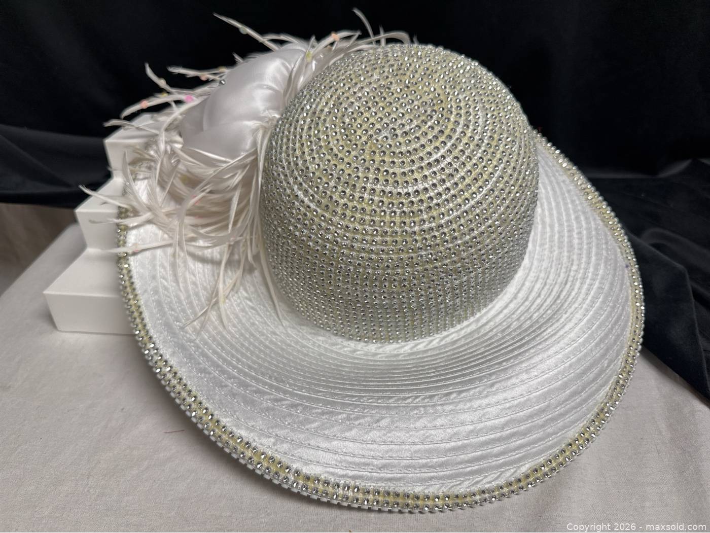 White Wide-Brim Formal Hat with Rhinestones | Maxsold