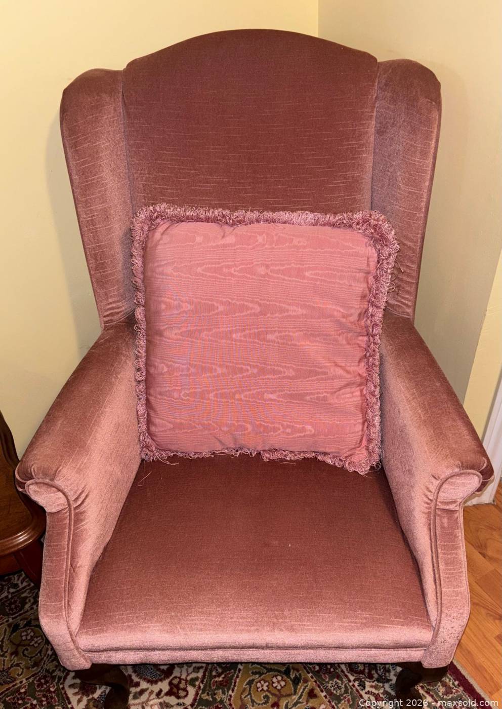 Dusty rose wingback chair, table, art, teacups | Maxsold