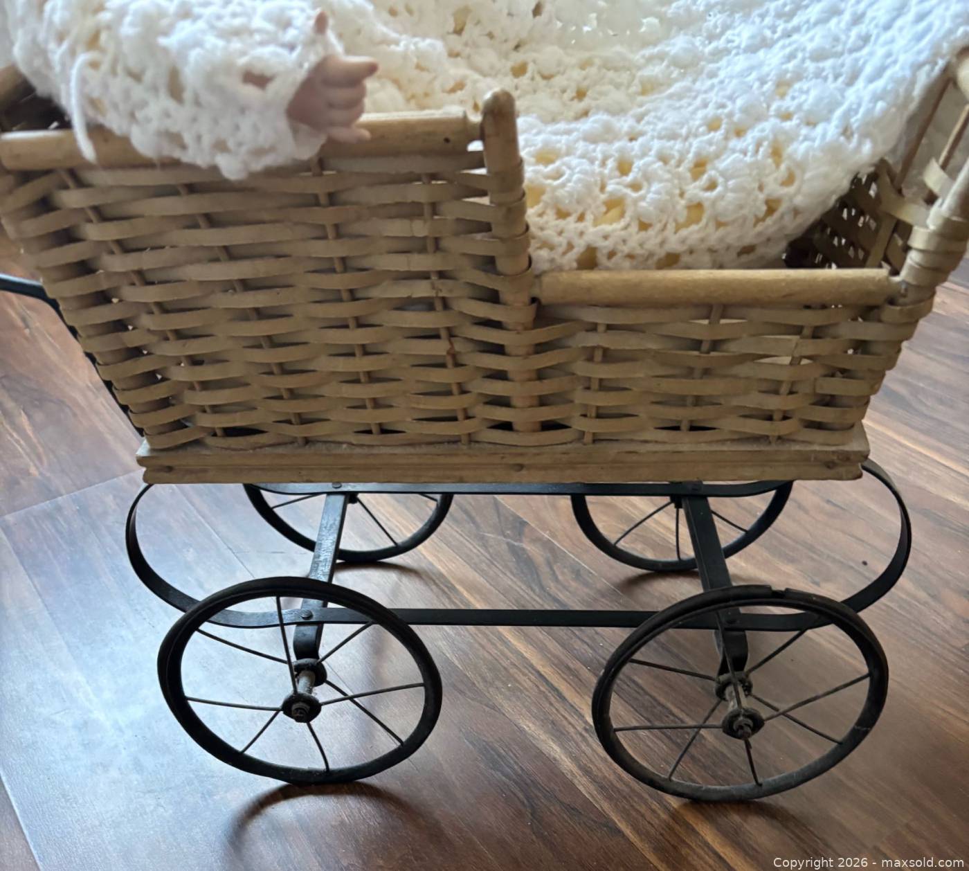 Vintage wicker doll pram with vinyl baby doll | Maxsold