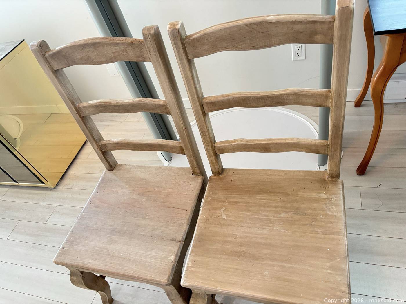 Pair solid wood rustic ladder-back dining chairs | Maxsold