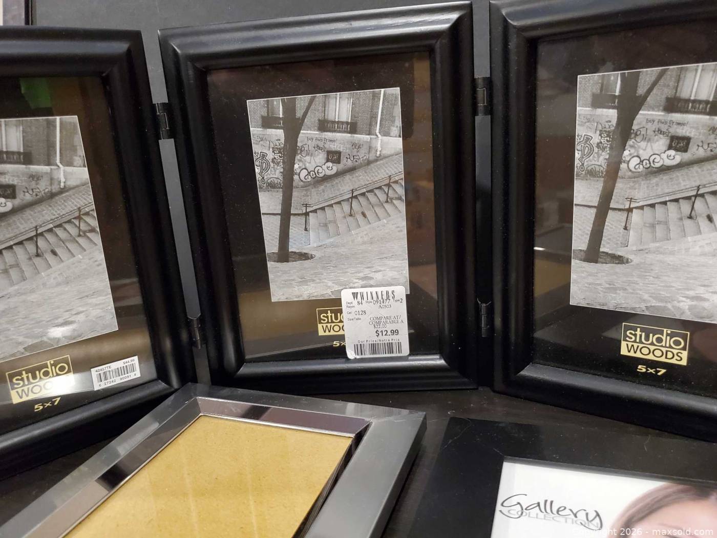 Black wood triple frame, silver metal, black wood and black plastic ...