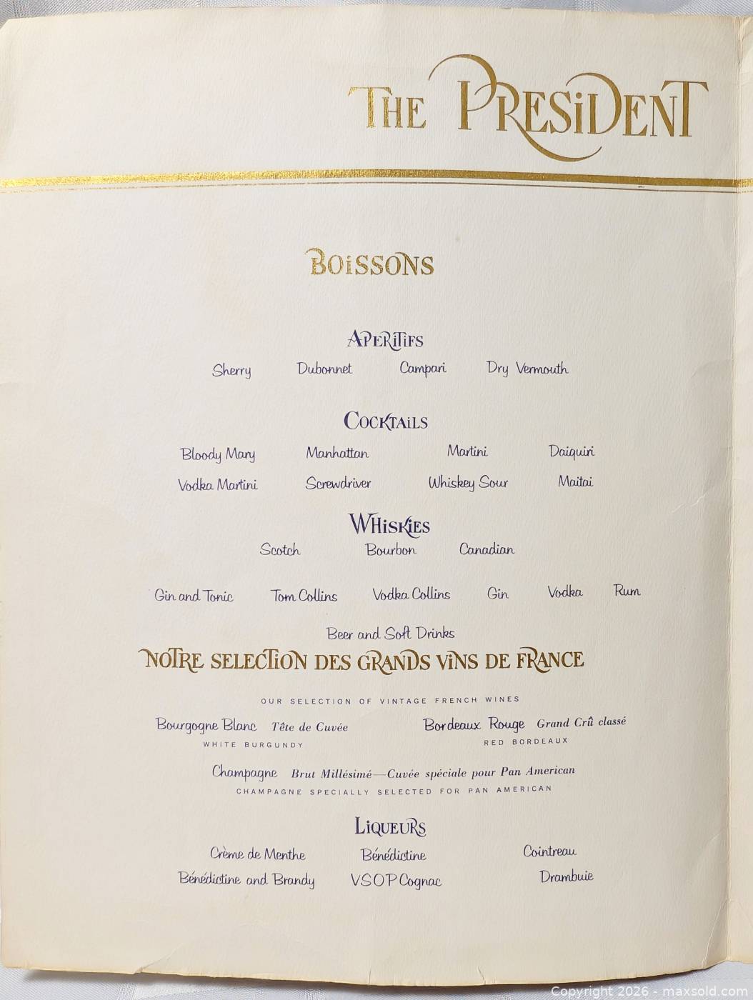 1964 Pan American The President dinner menu | Maxsold