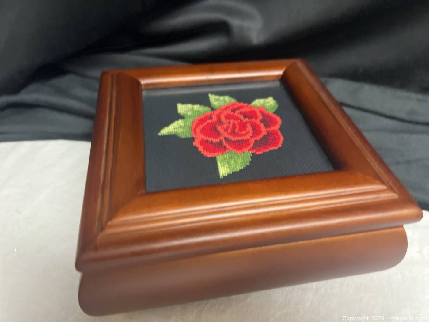 Mahogany jewelry box with needlepoint rose | Maxsold