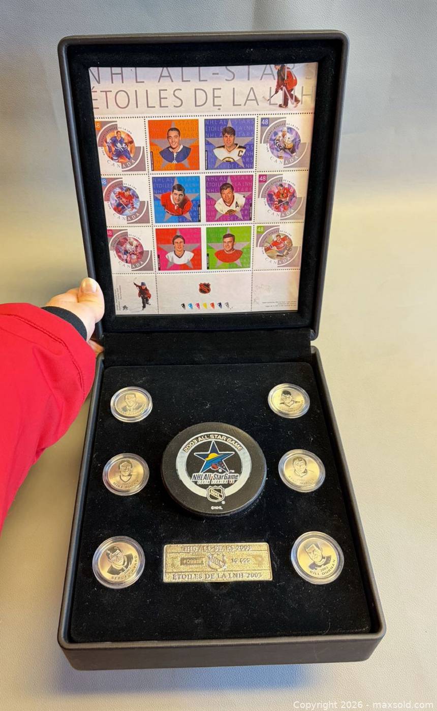 2003 Canadian NHL All-Stars commemorative medallion, stamp and puck set ...