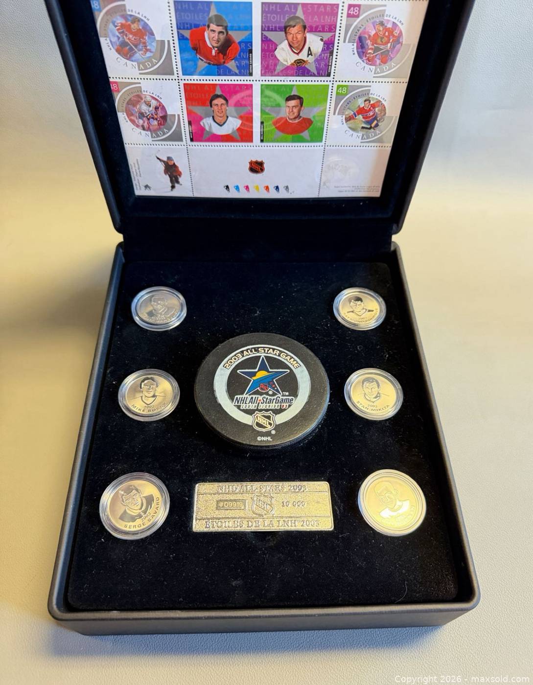 2003 Canadian NHL All-Stars commemorative medallion, stamp and puck set ...